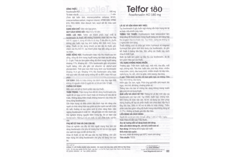 Telfor 180 DHG - Thuốc chống viêm mũi dị ứng và mề đay (Hộp 20 viên)